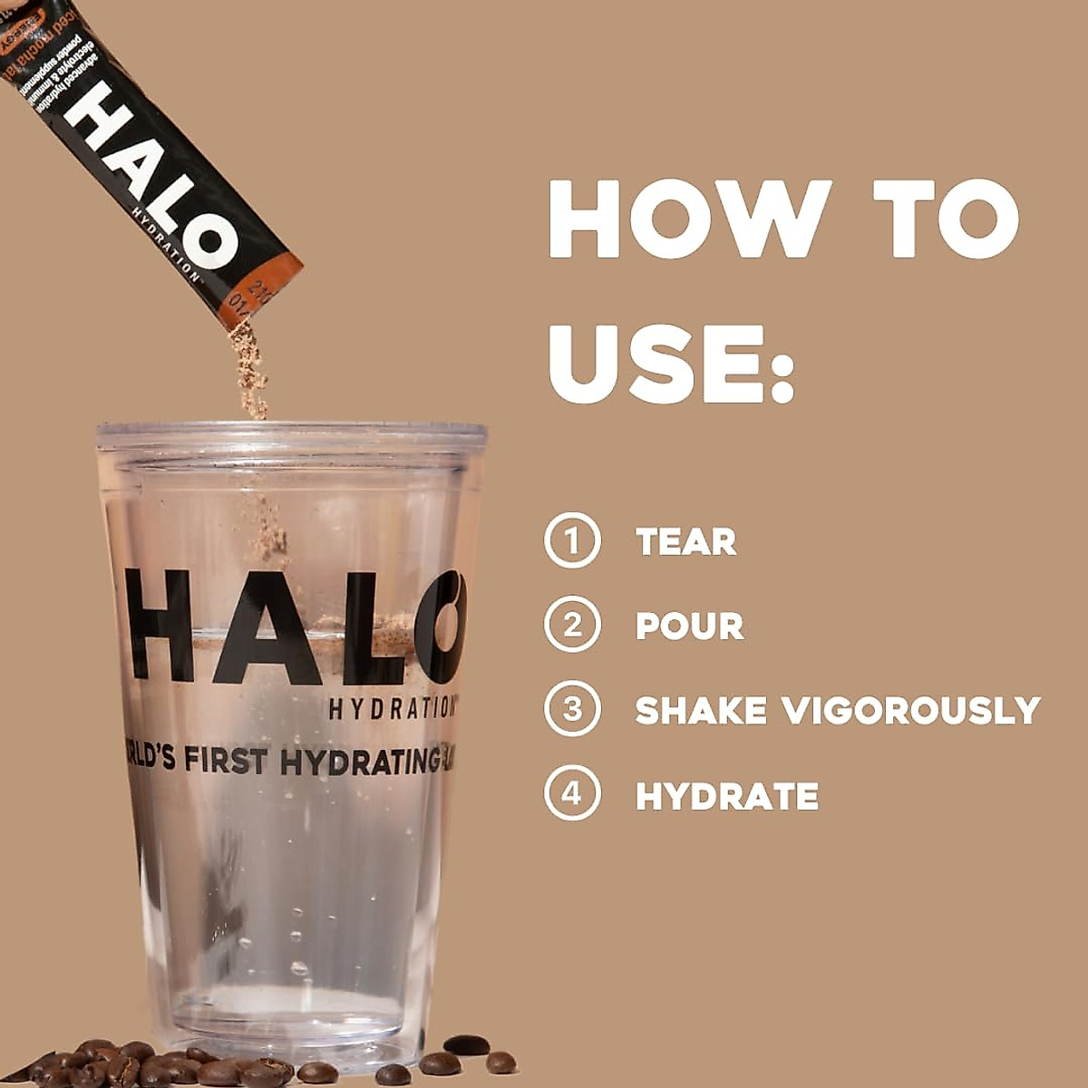 HALO Hydration – Electrolyte Energy Drink Mix | Hydration Powder Packets | Iced Mocha Latte Flavor, Healthy Skinny Coffee | Low Sugar | Easy Open Single Serving Stick | 6 Sticks