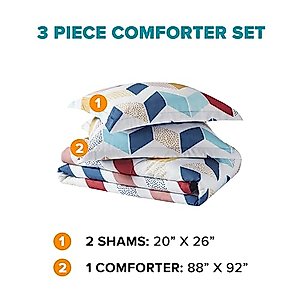 Comfort Spaces Kylar Cozy Comforter Set, Vibrant Chevron Ruching Design with Solid Reverse, All Season Down Alternative Bedding with Matching Sham, Full/Queen (88 in x 92 in), Multi/Aqua 3 Piece