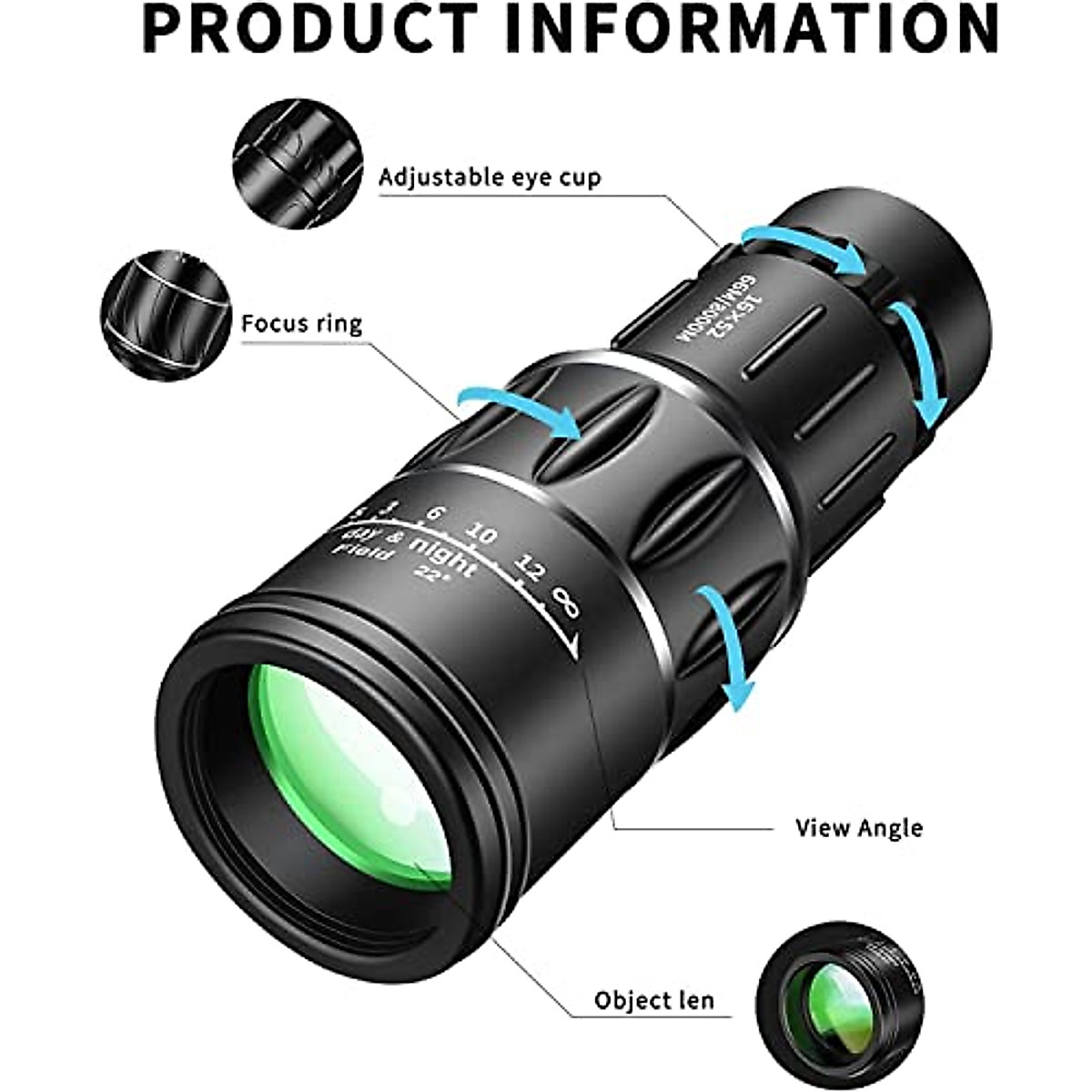 Monocular Telescope 16x52 with Night Vision,Monocular for Adults Kids,High Power Compact Waterproof Monocular,with FMC BAK4 Prism Scope Bird Watching Camping, Hiking,Concert