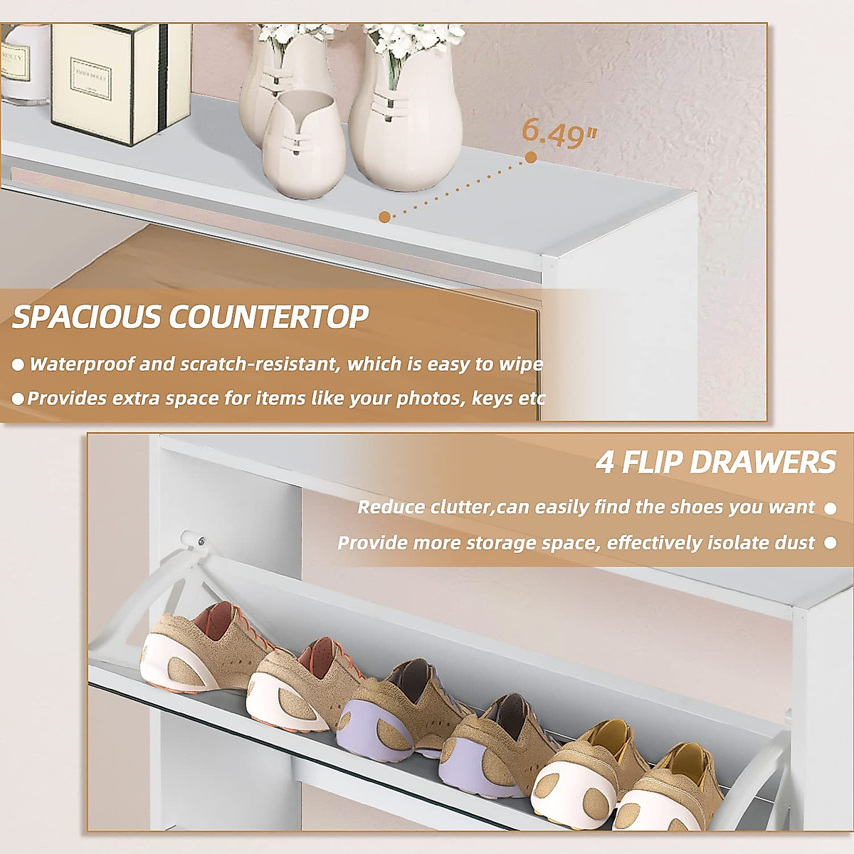 Shoe Storage Cabinet for Entryway Slim, White Wood Shoe Rack Organizer with 4 Flip Mirror Drawers, Freestanding Modern Narrow Shoes Storage Cabinet, Apartment, Living Room