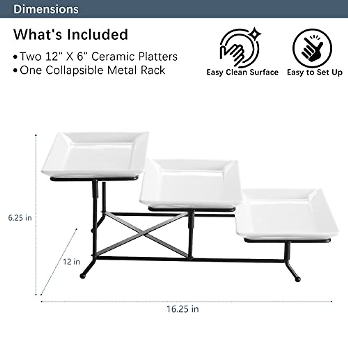 ONEMORE 3 Tier Serving Tray, Tiered Tray Stand for Party Entertaining Collapsible Sturdier Rack with 12" White Rectangular Ceramic Serving Platters for Fruit Cupcake Food Dessert Table Display Set