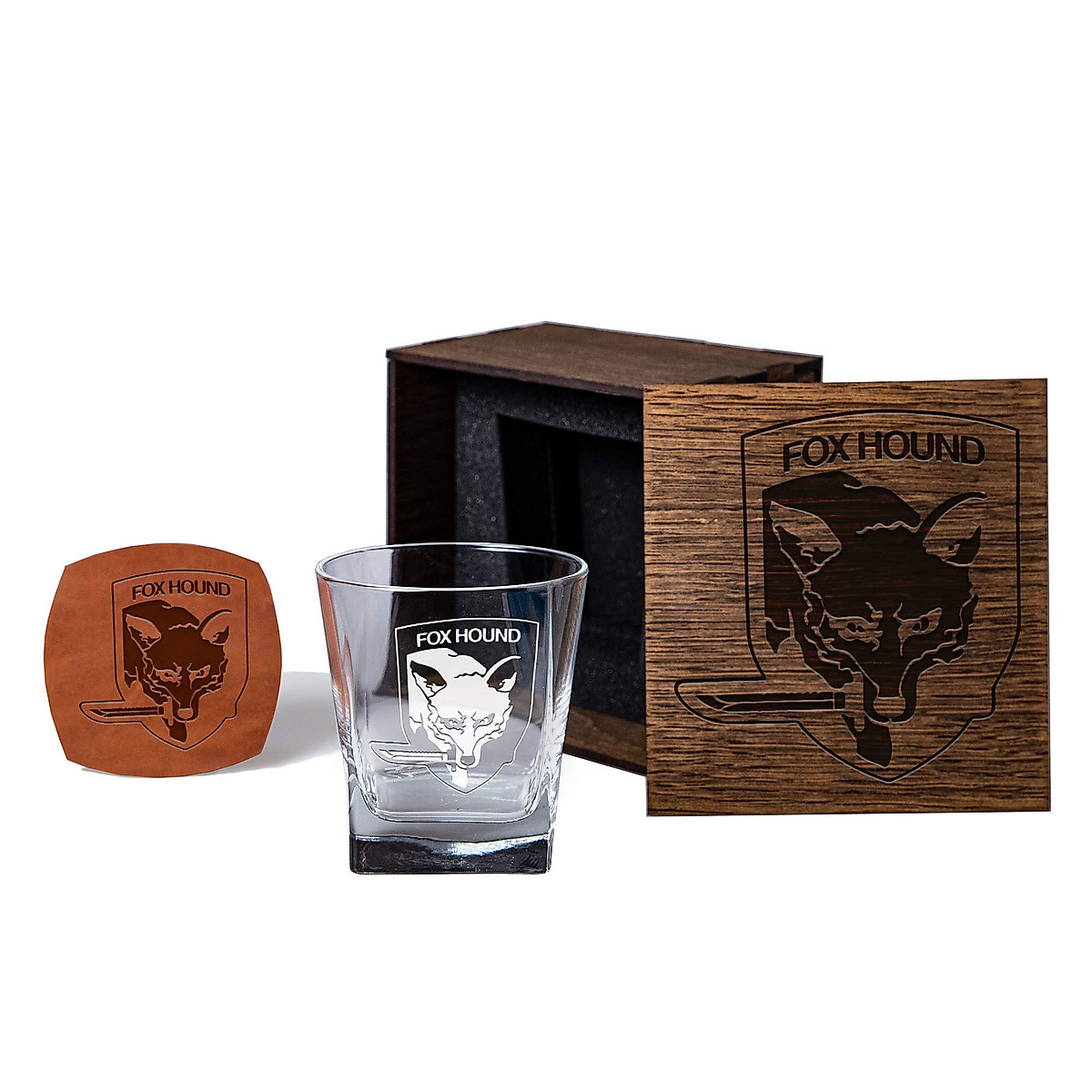 Handcrafted Whiskey Gift Set with Custom Glass, Engraved Wood Box, and Leather Coaster - Stylish Gifts for Game Fan - Unique Present for Him (Fox Hound)