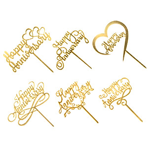 6pcs Happy Anniversary Cake Topper, Gold Sliver Wedding Anniversary Acrylic Cake Toppers, Happy Anniversary Party Decorating supplies