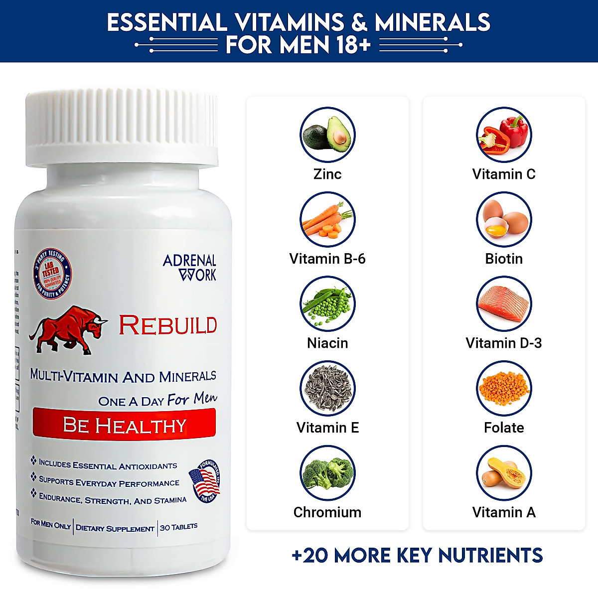 Adrenalwork Mens One a Day Multivitamin –- Includes Zinc, Magnesium, Vitamin B Complex, Iron, Essential Minerals+. Essential Multi Vitamins Supplements for Men