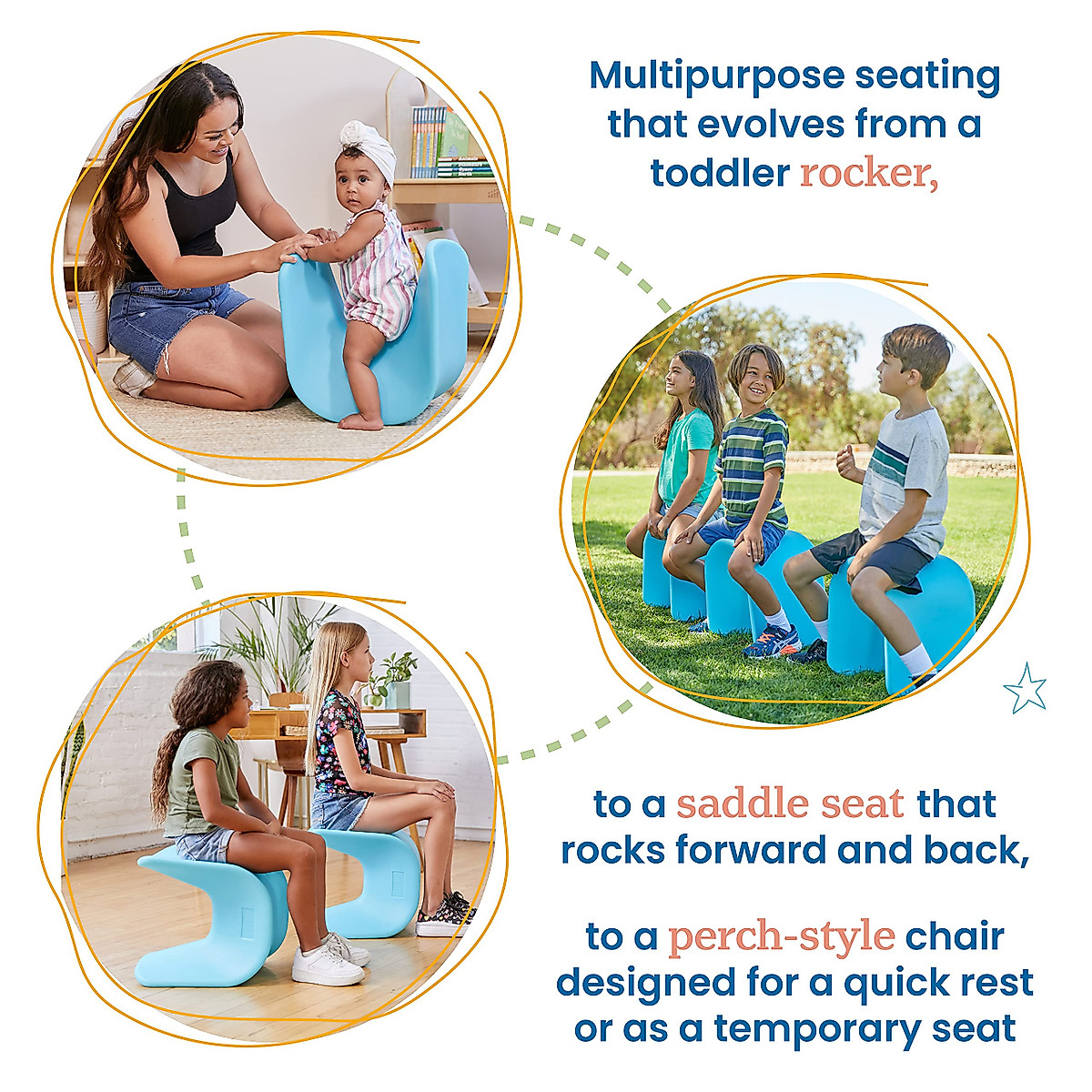 ECR4Kids Wave Seat, 14in - 15.1in Seat Height, Perch Stool, Cyan, 2-Pack