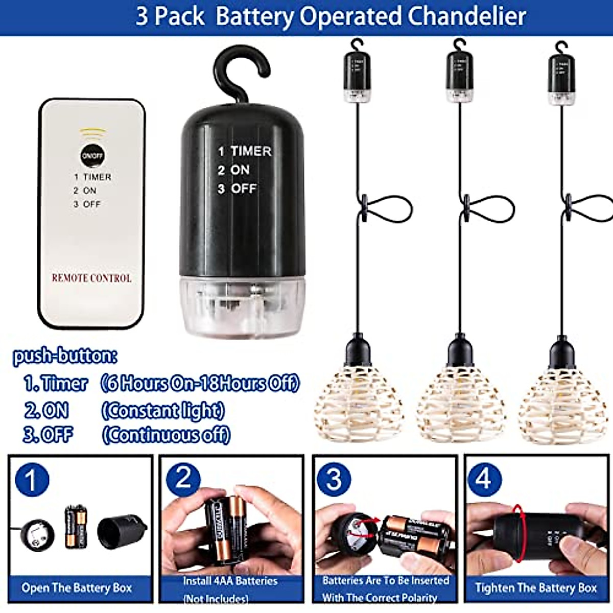 3 Pack Outdoor Battery Operated Chandelier, Small Hanging Rattan Pendant Lights with Remote Control Timer, Warm White Waterproof Lamps for Gazebo Yard Porch Patio Garden Backyard Decor, ALL FORTUNE