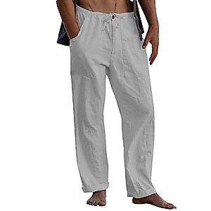 LVCBL Men's Linen Pants Elastic Waist Beach Pants with Elastic Waist Casual Trousers,Light Grey,2XL
