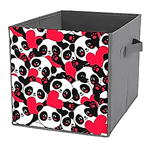 Seamless Panda Heart PU Leather Collapsible Storage Bins Canvas Cube Organizer Basket with Handles