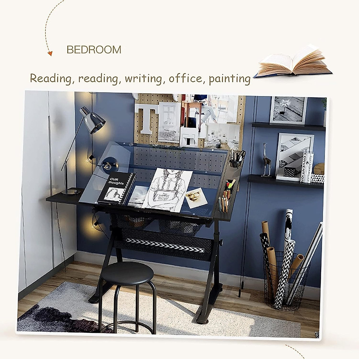 XiVue Adjustable Glass Drafting Table,Versatile Art Study Table,with Storage Drawers,Art Studio Design Sketching Painting Work Station