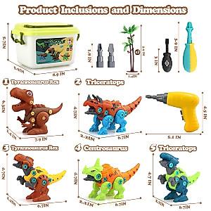 FINOTIC Dinosaur Toys for Kids 3-5 5-7, Take Apart Dinosaur Toy w/Electric Toy Drill for Boys and Girls 3 4 5 6 7 8 Year Old, Educational Building Toy w/Storage Box for Birthday Easter Gift,Set of 5