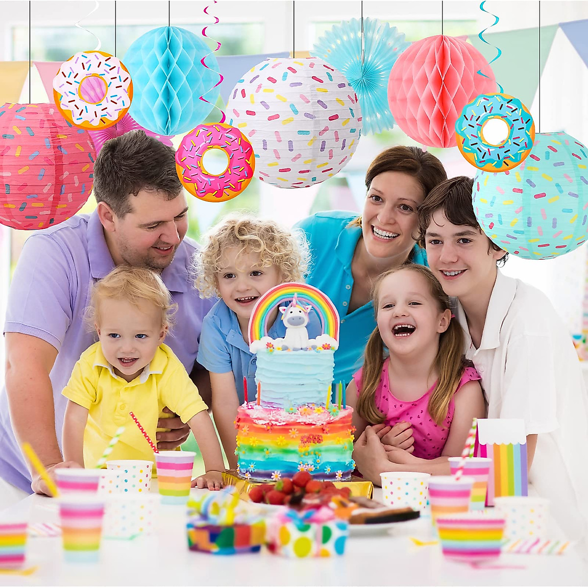 20 Pcs Donut Birthday Party Decorations, 8 Pcs Donut Lanterns Sprinkle Hanging Paper Lanterns, Honeycomb Ball, 2 Pcs Party Paper Fans, 10 Pcs Donut Hanging Swirl for Baby Shower Ice Cream Party