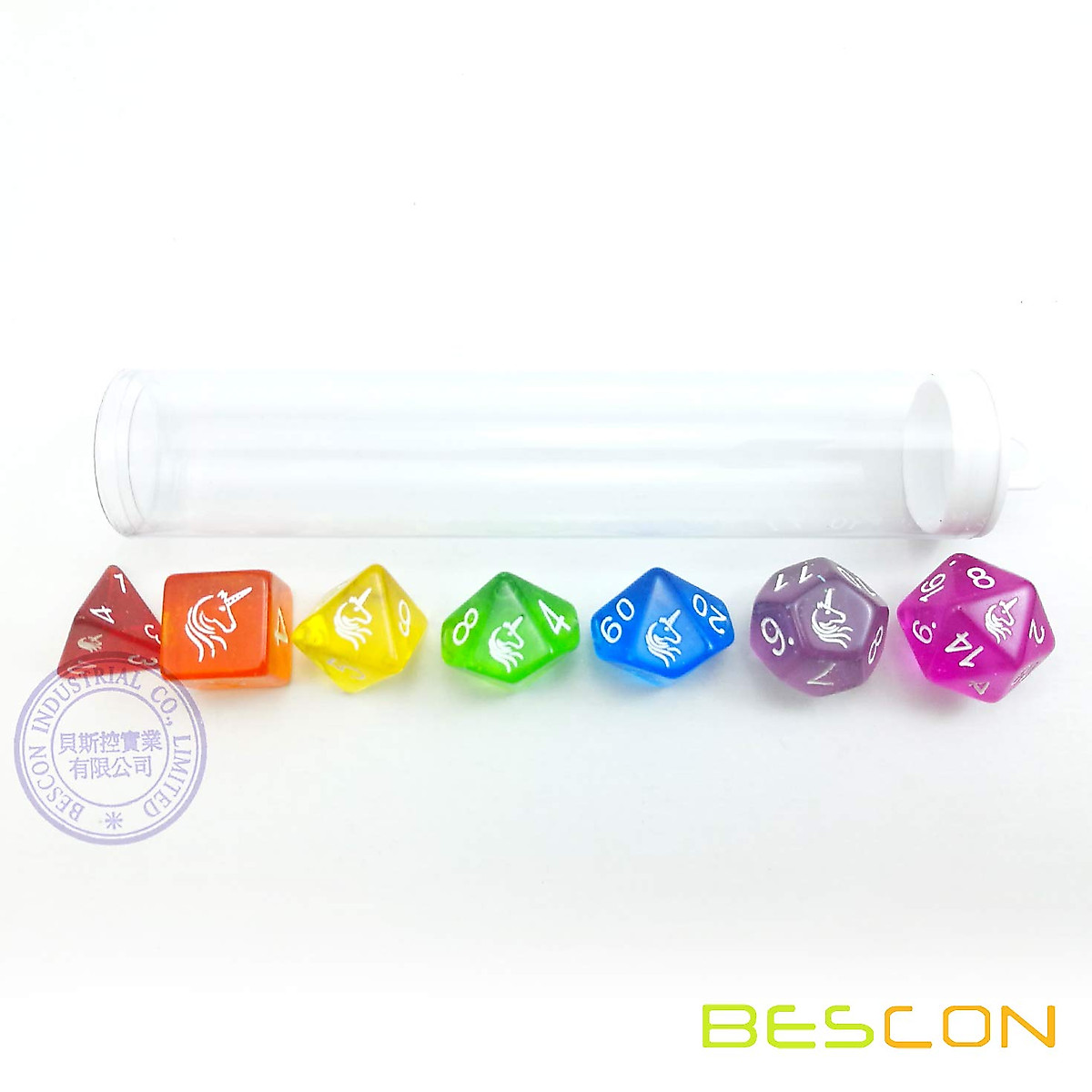 Bescon Colorful Unicorns Rainbow Sparkled Polyhedral D&D Dice Set of 7 RPG Role Playing Game Dice 7pcs Set