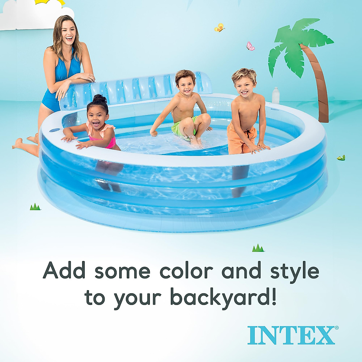 Intex Swim Center Inflatable Family Lounge Pool: Built-in Bench – Cup Holder – 156 Gallon Capacity – 90" x 86" x 31" – Blue