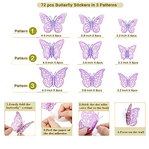 72 Pcs Butterfly Decorations, 3 Sizes 3 Styles, 3D Butterfly Wall Decor, Butterfly Party Decorations, Birthday Decorations, Butterflies for Crafts, Cake Decorating, Wall Stickers Room Decor (Lavender)