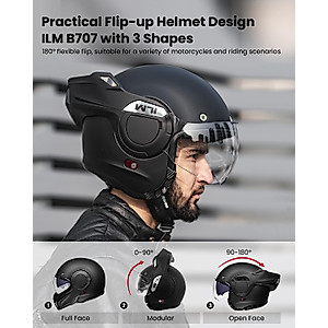 ILM Vintage Full Face Modular Motorcycle Helmet for Adults Men ATV UTV Snowmobile with 180° Reversible Chin Guard DOT Model-B707(Matte Black, L)