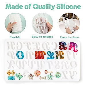 Mocoosy 182Pcs Reversed Silicone Alphabet Resin Molds Kit, Fancy Letter & Ornament Molds Epoxy Resin Casting Molds Resin Keychain Making Set with 1 Hand Drill 2 Drill Bits 30 Key Rings 100 Screw Pins