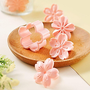 Goeielewe Pastry/Cookie/Fondant Stamper, 2-Inch Press Cookies Mold with 4 Stamps Pink Cherry Blossom Shape Flower Hand Pressure Pastry Tool Fondant Cutters Set for Baking