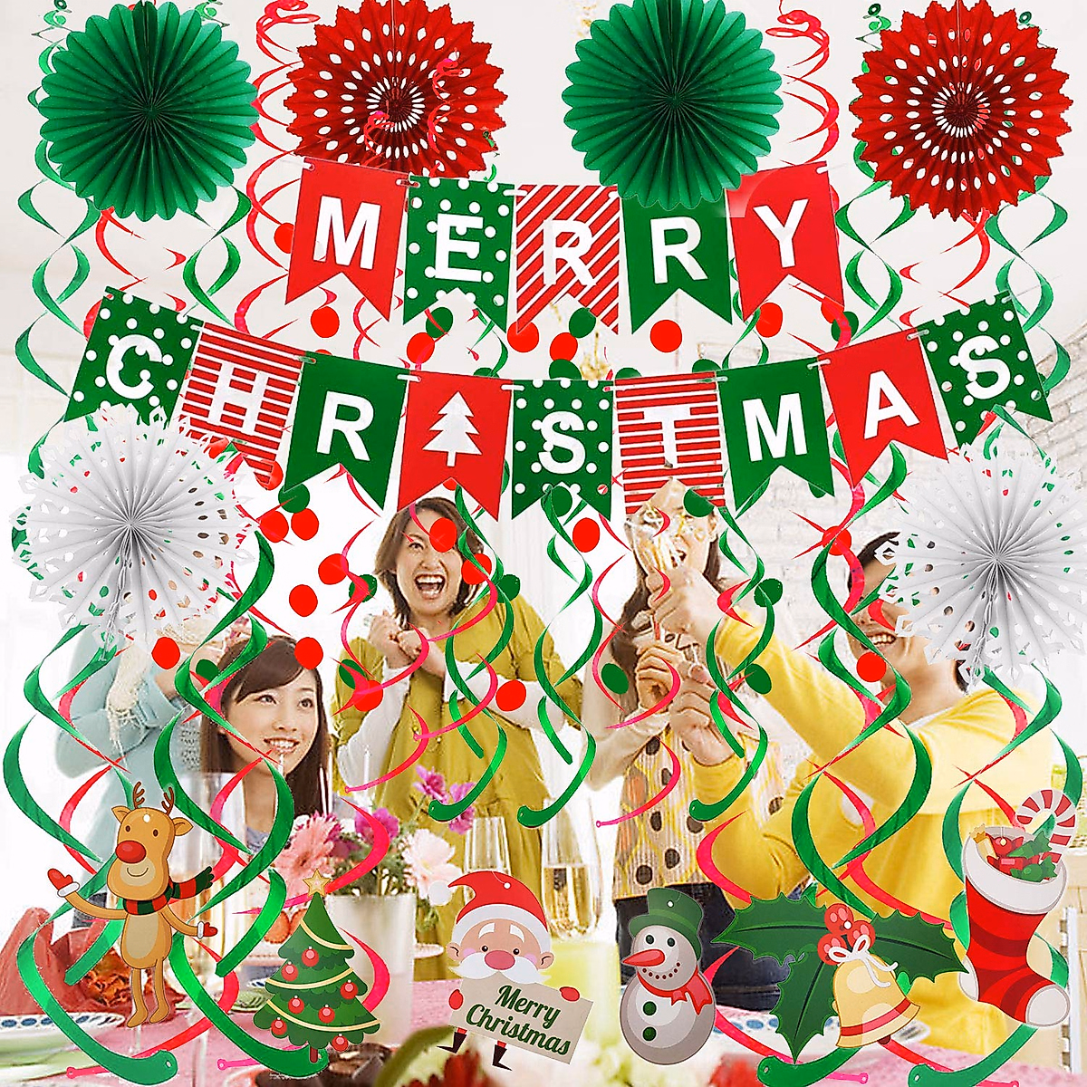 FECEDY Merry Christmas Banner Paper Fan Flower Circle Confetti Dots Hanging Garlandand Swirl Streamers Christmas Tree Christmas Snowman God Tang for Christmas Party Decoration