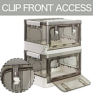 EZOWare 15 Quart Stackable Lidded Plastic Storage Bins with Front Opening and Wheels, 2 Pack Foldable Organizer Cube Box Containers with Latch Lid - White and Clear Gray