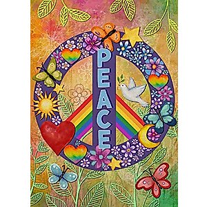 Dyrenson World Peace Love Decorative Garden Flag Double Sided, Rainbow Inspirational Burlap Yard Outside Decorations Outdoor Small Decor 12x18