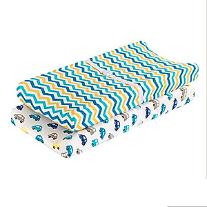 EVERYDAY KIDS 2 Pack Baby Changing Pad Covers for Baby Boy – Fits Most Changing Table Pads; 100% Cotton Jersey Knit, Breathable, Soft Changing Table Topper – Yellow and Blue Cars + Chevron Pattern
