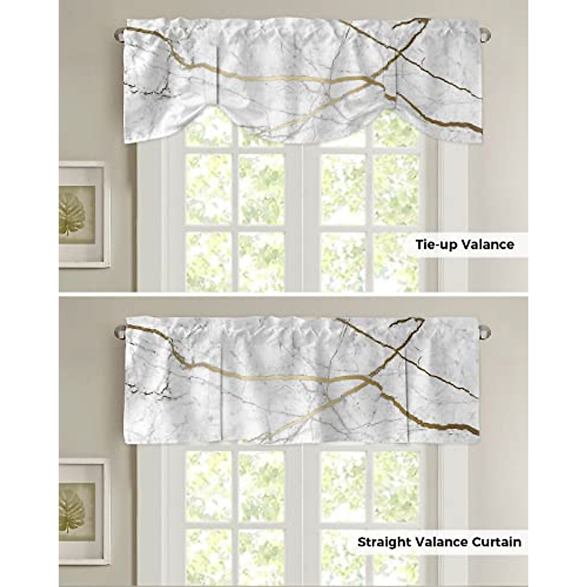 Tie Up Curtain Valance for Kitchen,White Marble Gold Line Window Valances Adjustable Tie-up Shade Valance,Modern Abstract Pattern Art Rod Pocket Short Curtains Window Treatment for Bathroom 60x18in