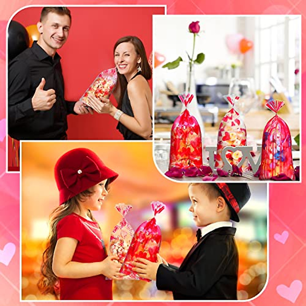 200 Pieces Valentine Cellophane Treat Bags Valentine's Day Plastic Heart Bags Candy Goodies Gift Bags and 200 Pieces Gold Twist Ties for Valentine Party Supplies