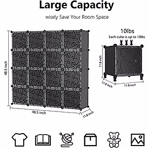 16 Cubby Clothes Storage Shelves, Cube Plastic Closet Organizer with Doors, 12" × 12" Modular , Portable Closet Wardrobe for Bedroom, Home, Black (4 × 4 Cubes)