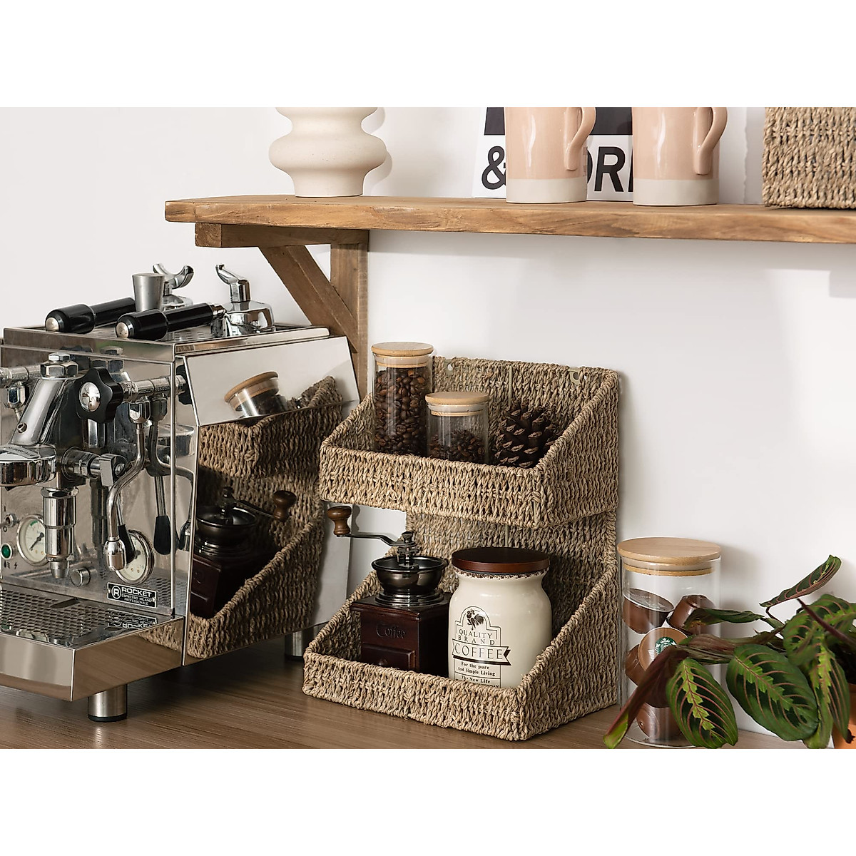 StorageWorks 2-tier Seagrass Basket, Handwoven Wicker Basket for Organizing, Kitchen Countertop Organizer, Wicker Storage Basket for Bathroom, Pantry, 1 Pack