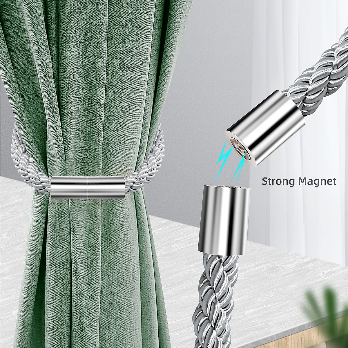 VIKIMORA 2 Pack Curtain Tiebacks for Draperys Gray, Strong Magnetic Curtain Tie Backs,Curtain Holders for Thick Drapes,Gray Cotton Rope Tie Backs for Heavy Duty Drapes,Gray