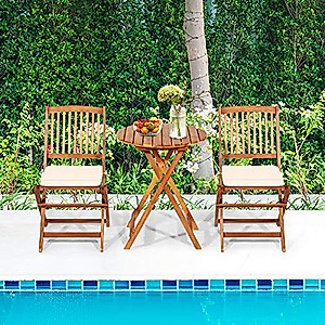 Giantex 3Pcs Patio Bistro Set, Wood Folding Table Set, 2 Cushioned Chairs for Garden Yard, Outdoor Furniture Round Table (Natural & Beige)