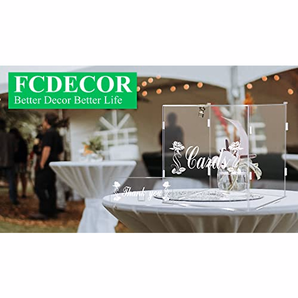 FCDECOR Acrylic Wedding Card Box with Lock, Clear Card Boxes for Wedding Reception Money Holder with Card Sign for Wedding Decorations, Baby Showers, Birthdays, Bridal or Graduation Party Supplies
