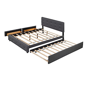 MERITLINE Queen Size Bed with 2 Storage Drawers and a Twin XL Trundle, Upholstered Platform Queen Bed Frame with Tufted Headboard, Linen Fabric, No Box Spring Needed (Dark Gray)