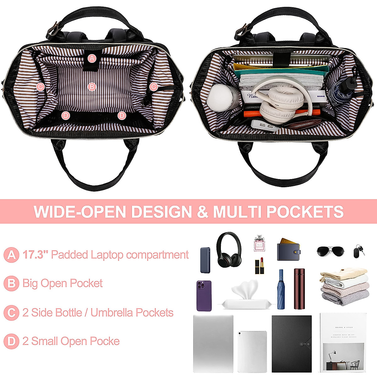 CAFELE Laptop Backpack Women Men,17.3 Inches Wide Open Large USB Charging Port Nurse Backpack, Doctor Teacher College Travel Shoulder Purse Bag,Quilted Black