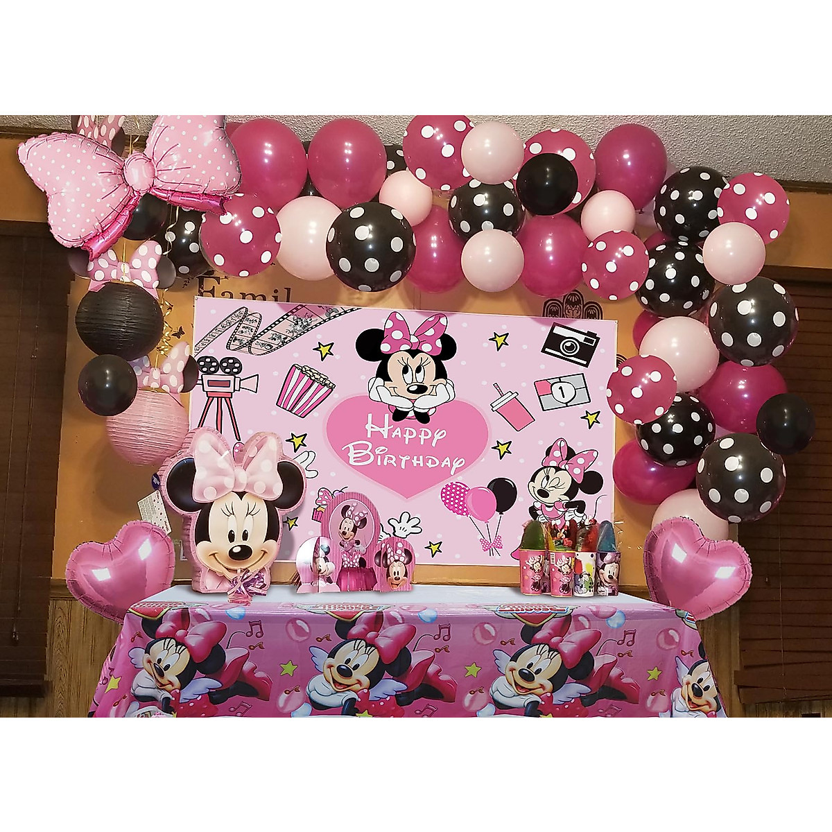 Pink Mouse Birthday Backdrop 6x4ft and Pink Mouse Color Balloon Garland Kit,116 pcs Pink Black Dot Balloon Arch with Pink Bow Balloons for Girls Mouse Theme Birthday Baby Shower Party Supplies