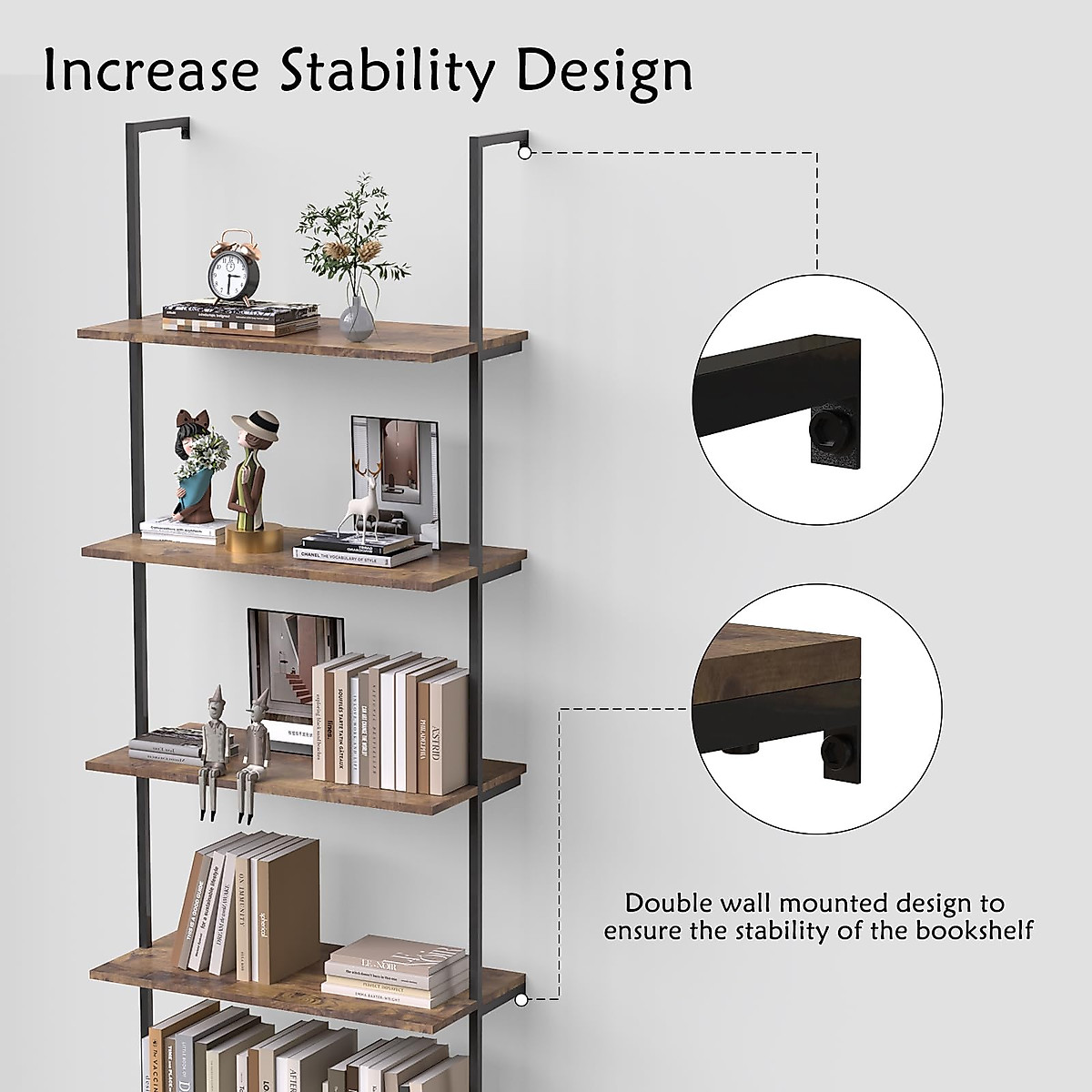 Dosker Bookshelf 5-Tier Industrial Ladder Shelf,Brown Shelves Wall Mounted Bookshelf Open Storage Rack Display Shelf Plant Stand for Living Room Kitchen Home Office Bedroom