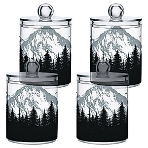 KEEPREAL Nature Mountains and Forest Qtip Holder Dispenser with Lids, 4PCS Plastic Food Storage Canisters, Apothecary Jar Containers for Vanity Organizer Storage