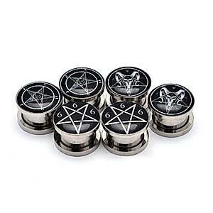 Mystic Metals Body Jewelry Set of 3 Pairs Screw on Baphomet Pentagram Plugs - All 3 Pairs Included (9/16" (14mm))