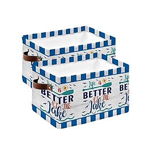 Summer Beach Storage Basket Waterproof Cube Storage Bin Organizer with Handles, Life is Better at the Lake Blue Plaid Wooden Collapsible Storage Cubes Bins for Clothes Books Toys 15"x11"x9.5", 2 Pcs