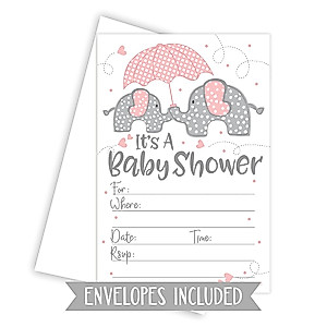 Pink Elephant Girl Baby Shower Invitations (20 Count) with Envelopes