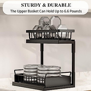 MEIJIA Double Sliding Cabinet Organizer Drawer, 2 Tier Pull Out Under Sink Organizers And Storage Bathroom And Kitchen, Metal L-Shaped Under Cabinet Organizer And Storage - White