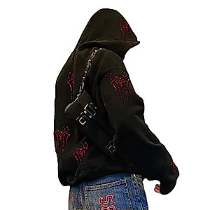 Cbsdezanos Y2k Zip Up Hoodie for Women Rhinestones Skull Skeleton Hoodies Long Sleeve Hooded Sweatshirt Gothic Harajuku Streetwear (Black Red Spider, M)
