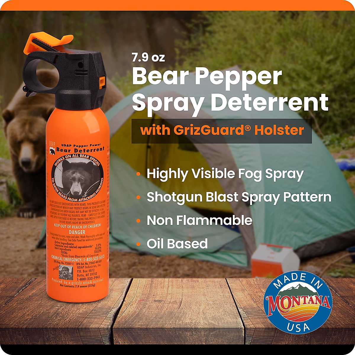 UDAP Pepper Power Bear Spray Self Defense Deterrent with Griz Guard Holster for Camping, Hiking, Fishing, Powerful Blast Pattern, 30 ft Fog Barrier, Safety Orange, SOG2, 7.9 oz, 2 Pack