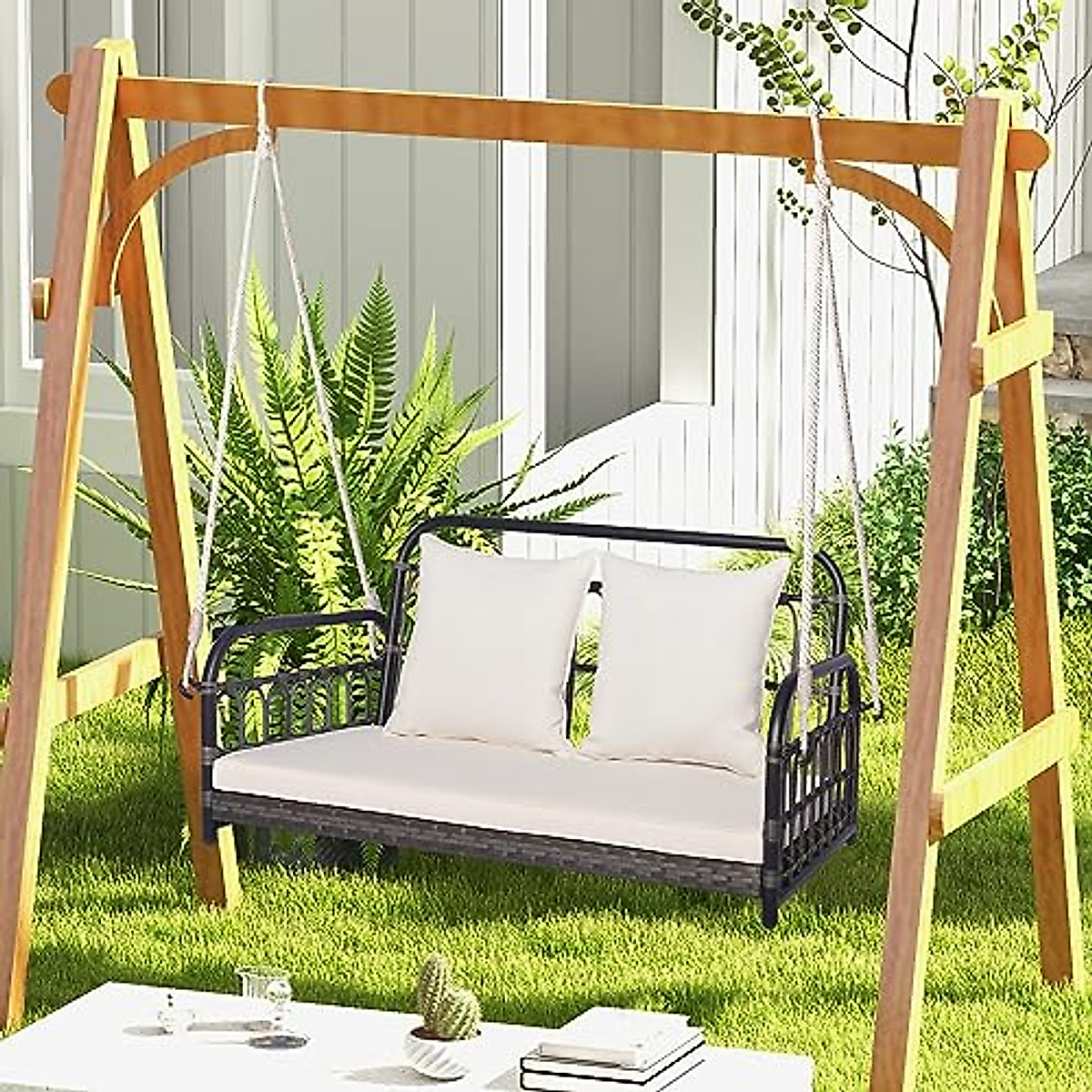 Tangkula Outdoor Wicker Porch Swing, 2-Person Hanging Seat with Seat & Back Cushions, Heavy-Duty Metal Frame & 2 Sturdy Hanging Ropes, Wicker Woven Swing Loveseat for Front Porch