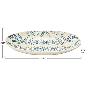 Creative Co-Op Hand-Painted and Debossed Stoneware Platter Serving Tray Serveware, 12.25", Blue & White
