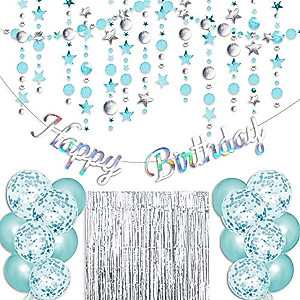 Turquoise Birthday Party Decoration - Sliver Happy Birthday Banner, Turquoise Glitter Circle Dot Garland Streamer, Sliver Fringe Curtain, Blue and Turquoise Balloons, Blue Birthday Party Decorations for Women and Men Birthday Party