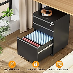 INTERGREAT Rolling File Cabinet with Wheels, 3 Drawer Metal Mobile Filing Cabinet with Lock, Black Vertical File Cabinet Under Desk with Hanging Bars, Fully Assembled