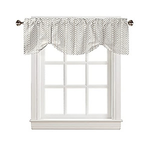 Semi Sheer Valance Adjustable Kitchen Valance for Windows, Modern Herringbone Geometric White and Gold Valances for Bathroom Bedroom Living Room, Tie-up Rod Pocket Decorative Window Curtain 42"x18"