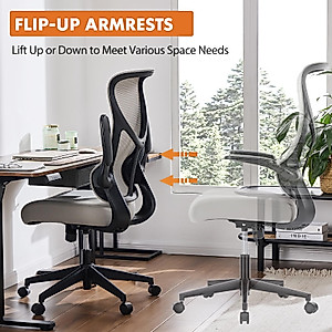 Sweetcrispy Ergonomic Office Desk Computer Chair, Comfy High Back Swivel Rolling Home Mesh Gaming Chairs with Wheels, Lumbar Support, Flip-up Arms,120°tilt for Bedroom, Study, Work, Grey