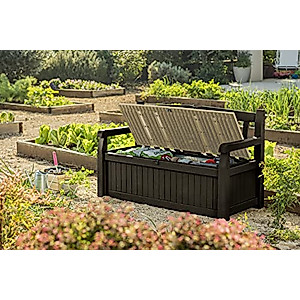 Keter Eden 70 Gallon Storage Bench Deck Box for Patio Furniture, Front Porch Decor and Outdoor Seating – Perfect to Store Garden Tools and Pool Toys,Brown / Brown